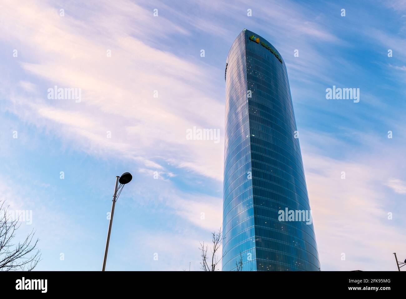 BILBAO, SPAIN - JANUARY 20, 2016: Low-angle view of the Iberdrola Tower ...