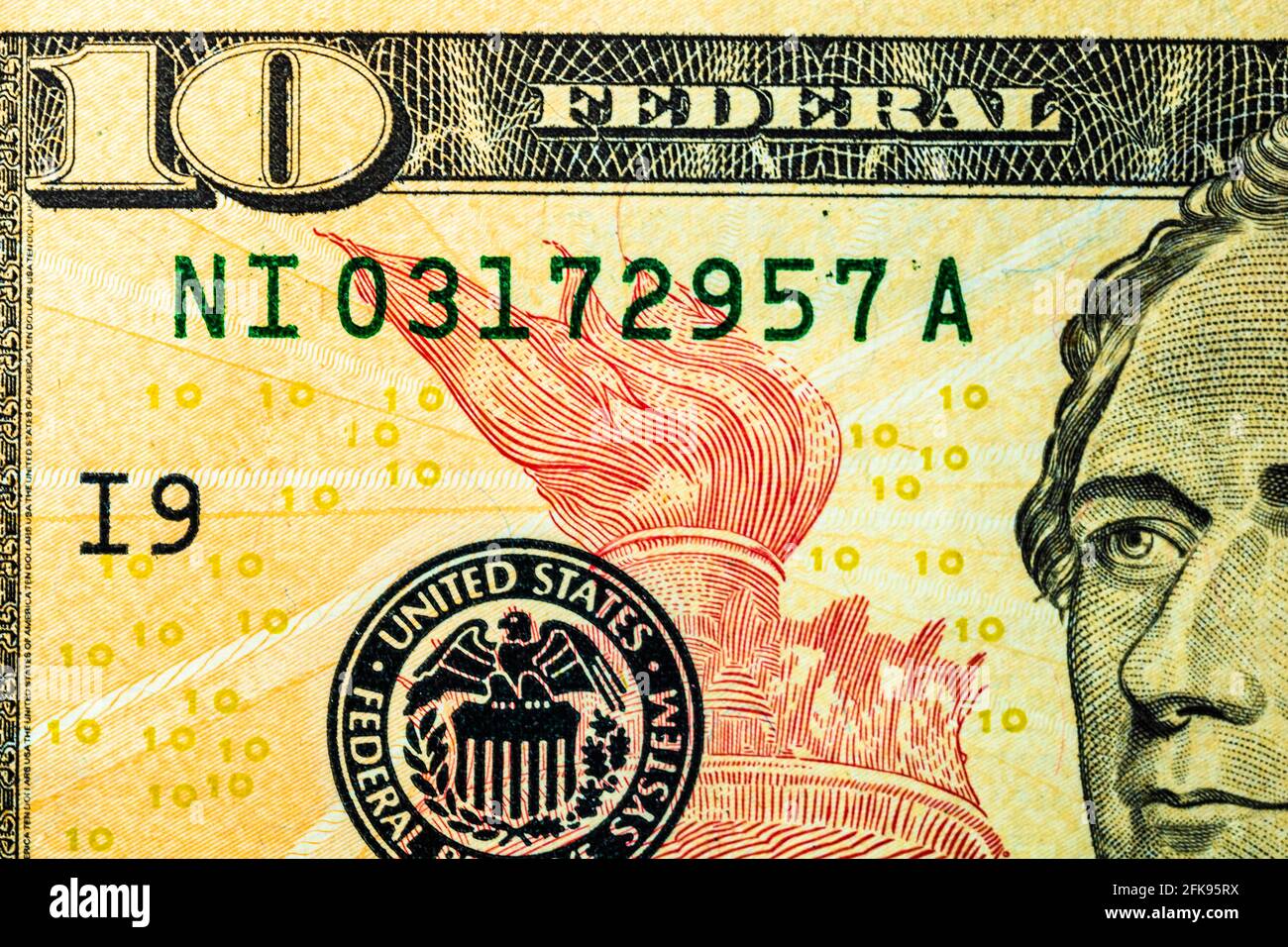 Selective focus on detail of USD banknotes. Close up macro detail of ...