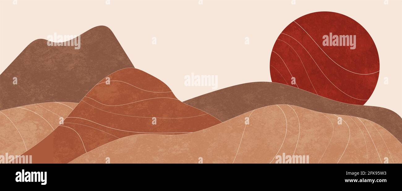 Desert landscape in warm tones and texture with sun in horizon. Boho ...