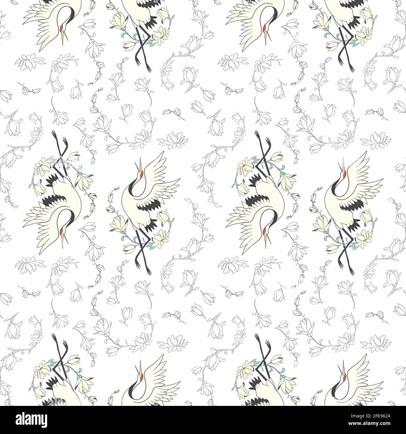 Seamless pattern with flowers and white Japanese cranes. Vector ...