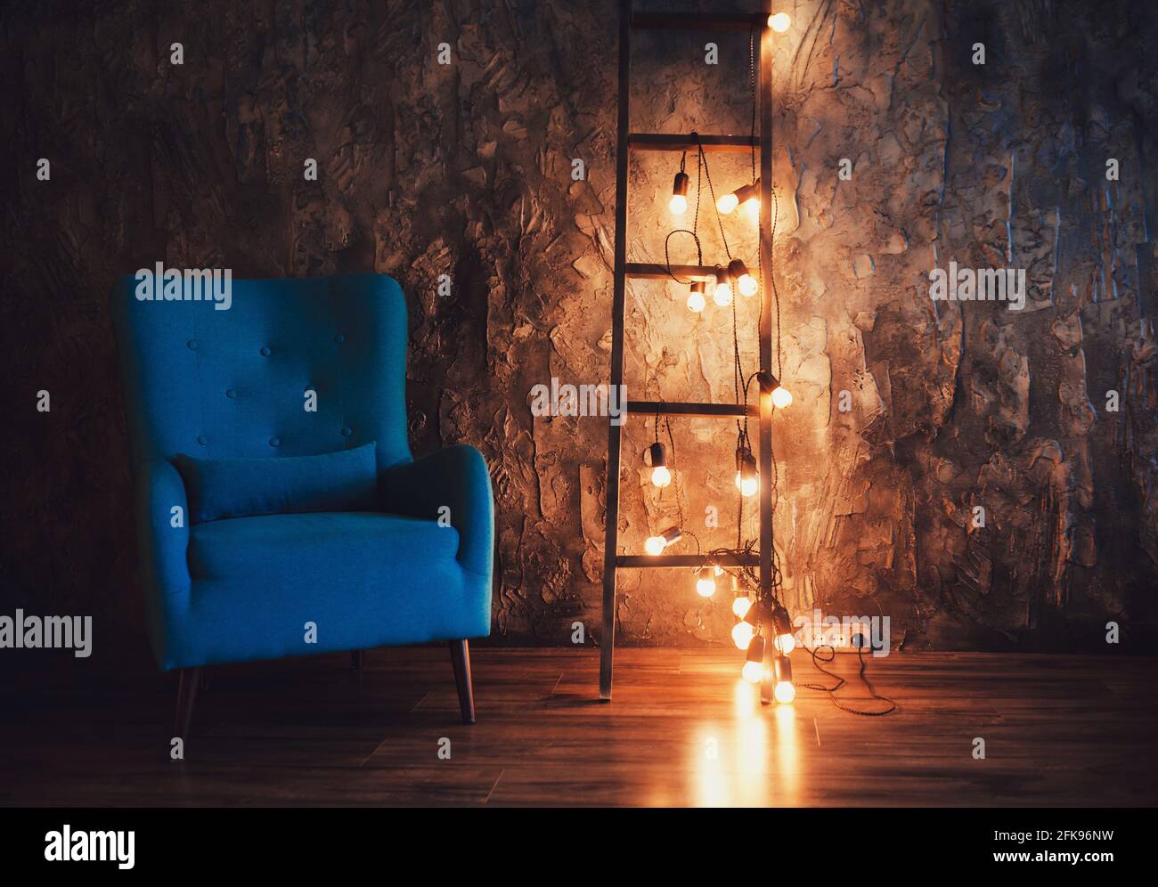 stylish loft interior. rough walls and ladder with lamps Stock Photo ...