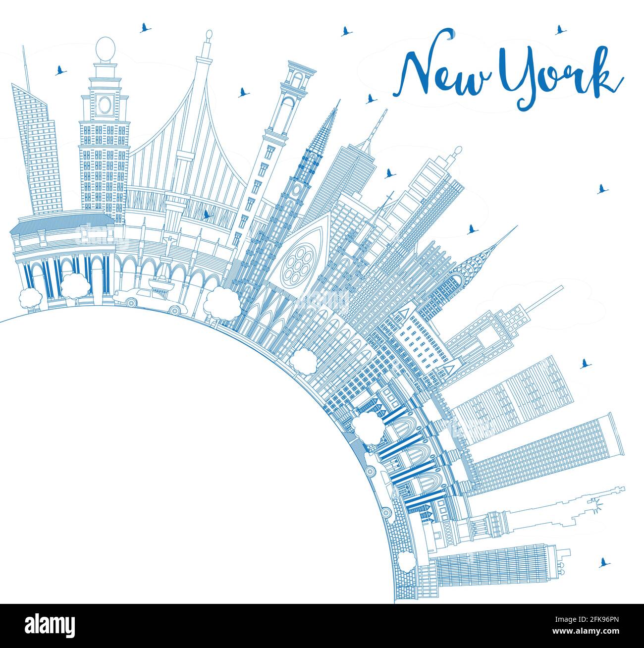Outline New York USA City Skyline with Blue Buildings and Copy Space ...