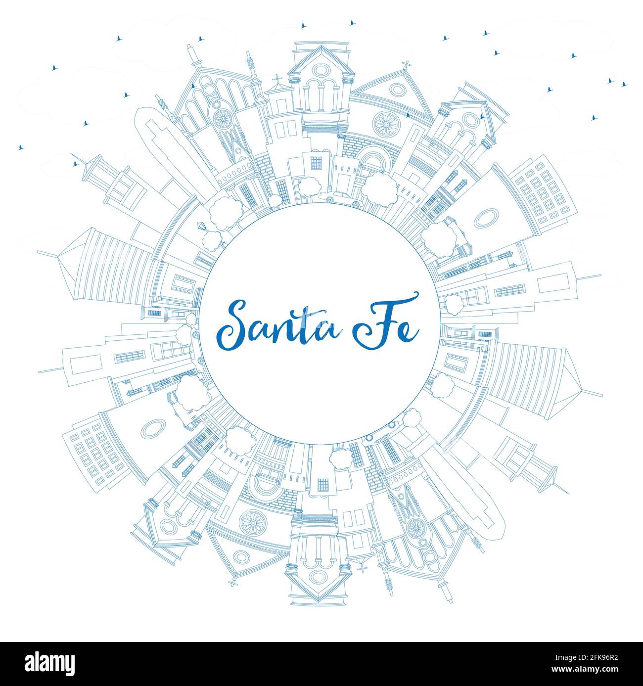 Outline Santa Fe New Mexico City Skyline with Blue Buildings and Copy ...