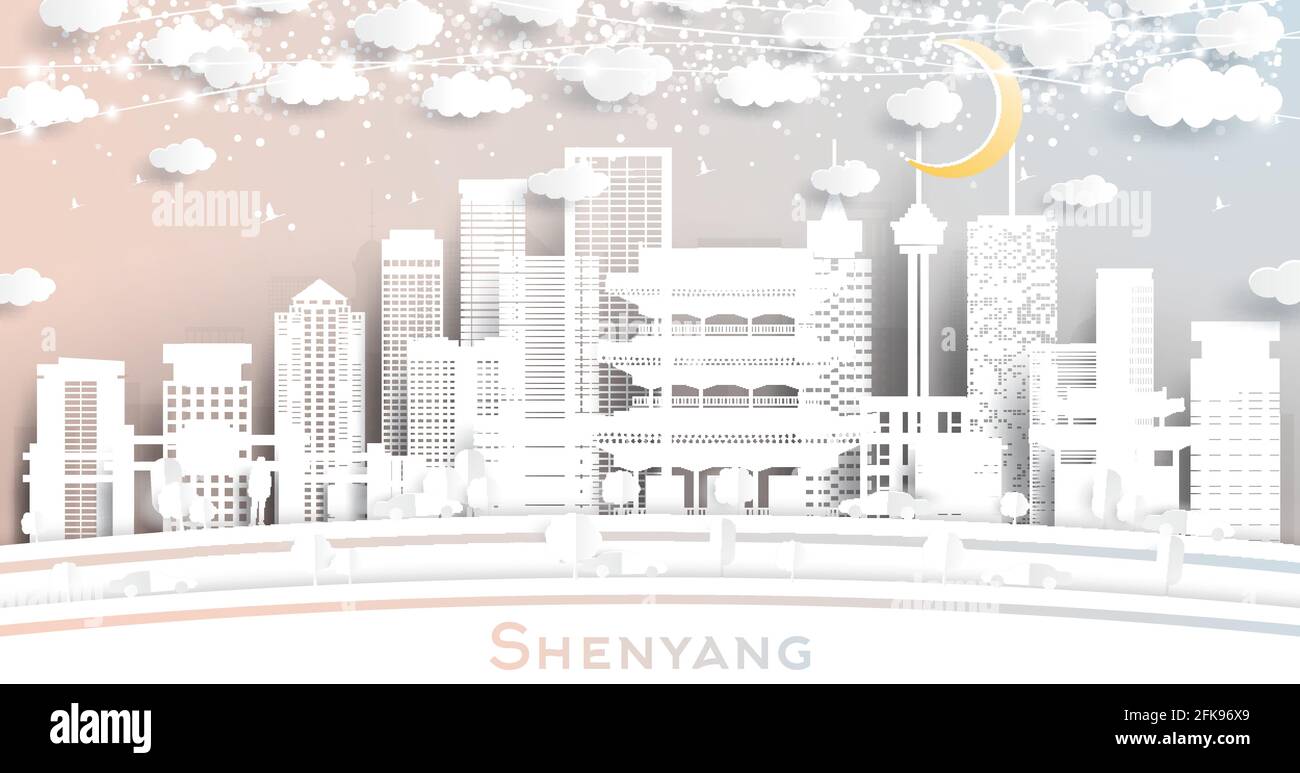 Shenyang China City Skyline in Paper Cut Style with White Buildings ...