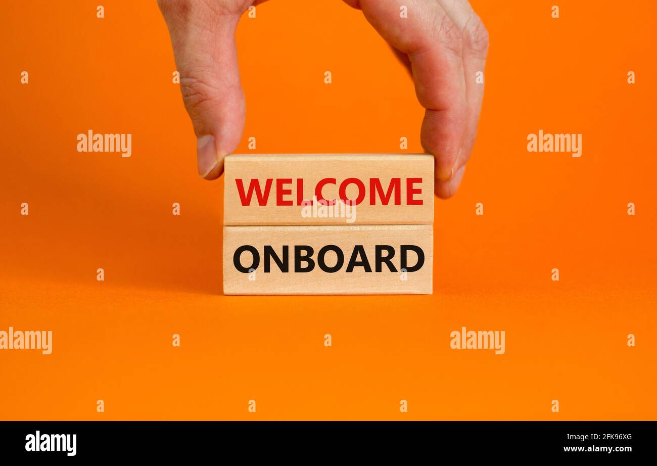Welcome onboard symbol. Wooden blocks with words 'Welcome onboard' on ...