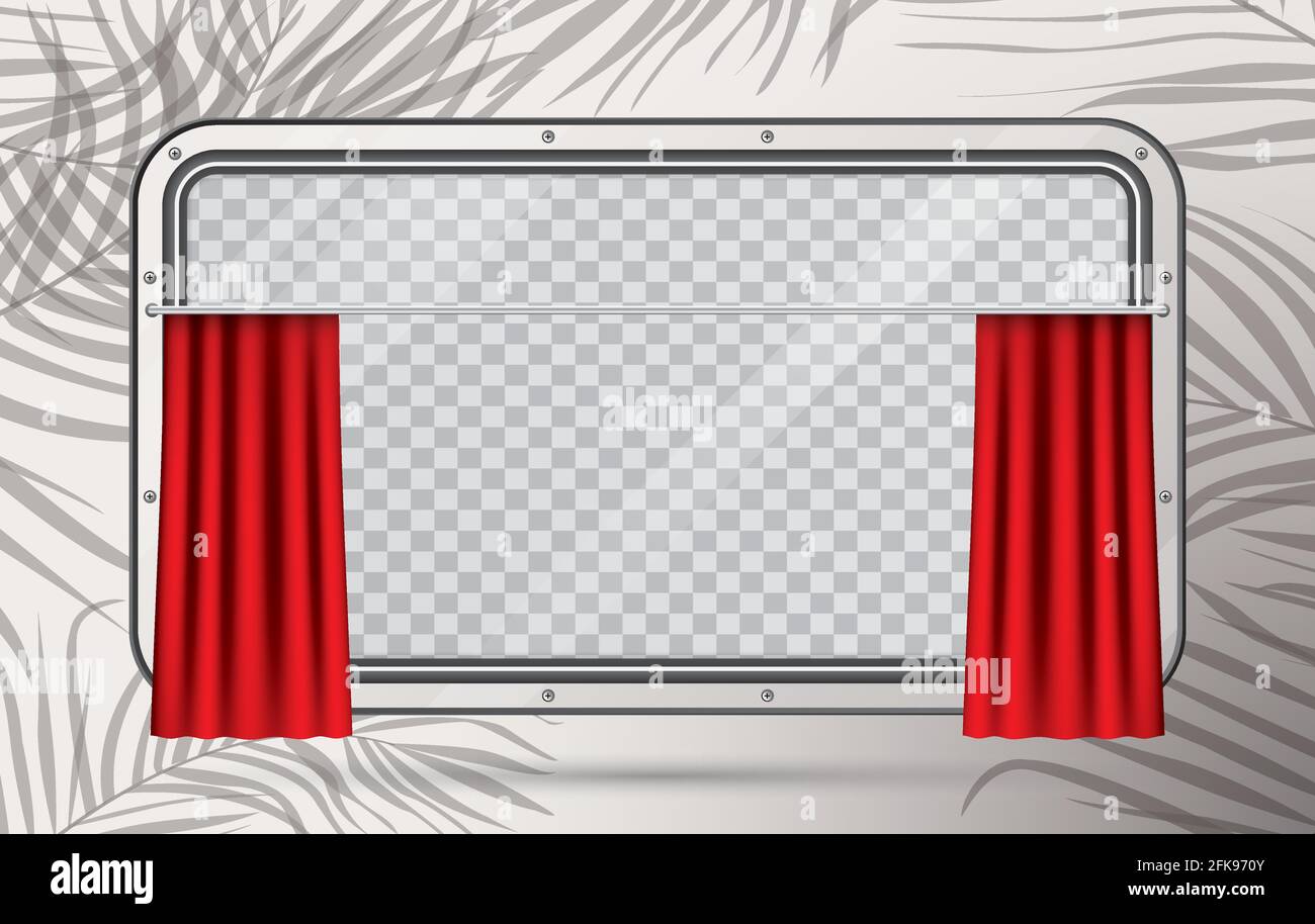 Train Window with Red Curtain and Copy Space on Palm Leaves Background ...