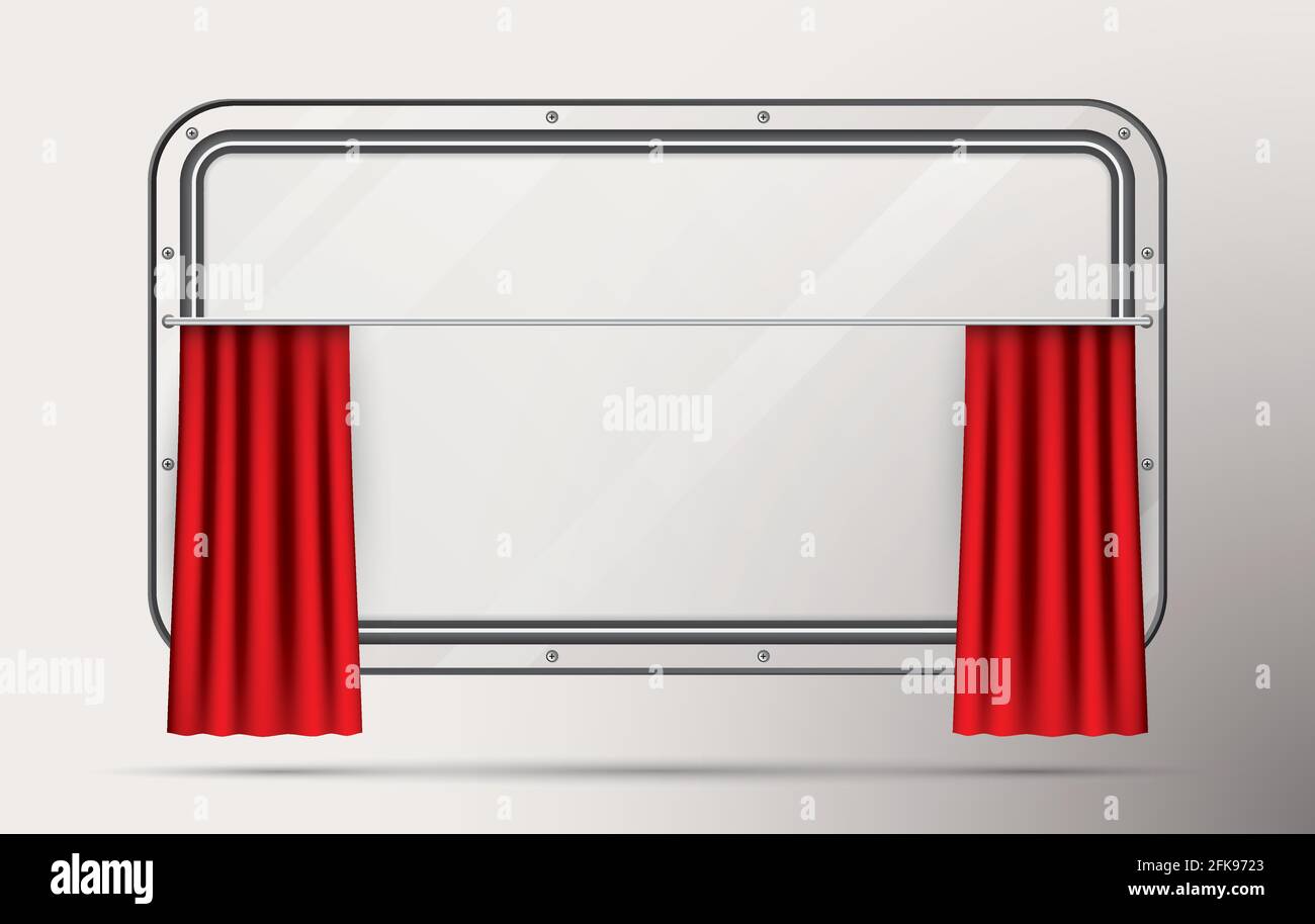 Train Window with Red Curtain on Beige Background. Realistic View From ...
