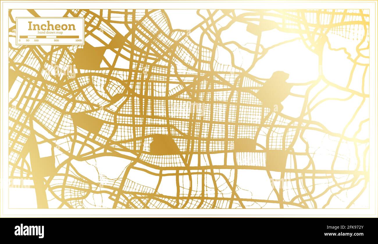 Incheon South Korea City Map in Retro Style in Golden Color. Outline ...
