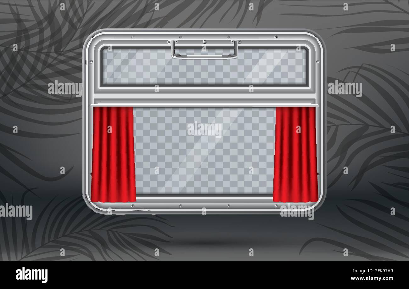 Train Window with Red Curtain and Copy Space on Palm Leaves Background ...
