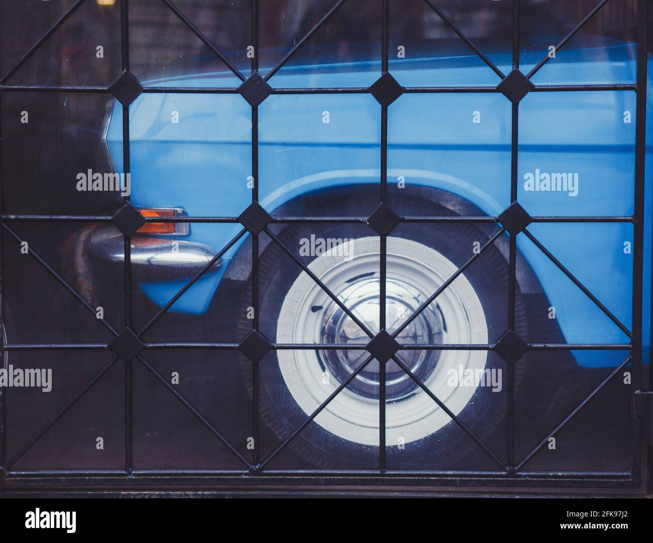 street cafe with blue retro cars Stock Photo - Alamy