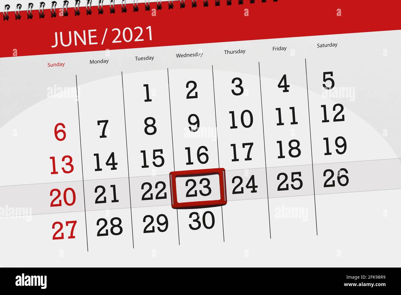 Calendar planner for the month june 2021, deadline day, 23, wednesday ...