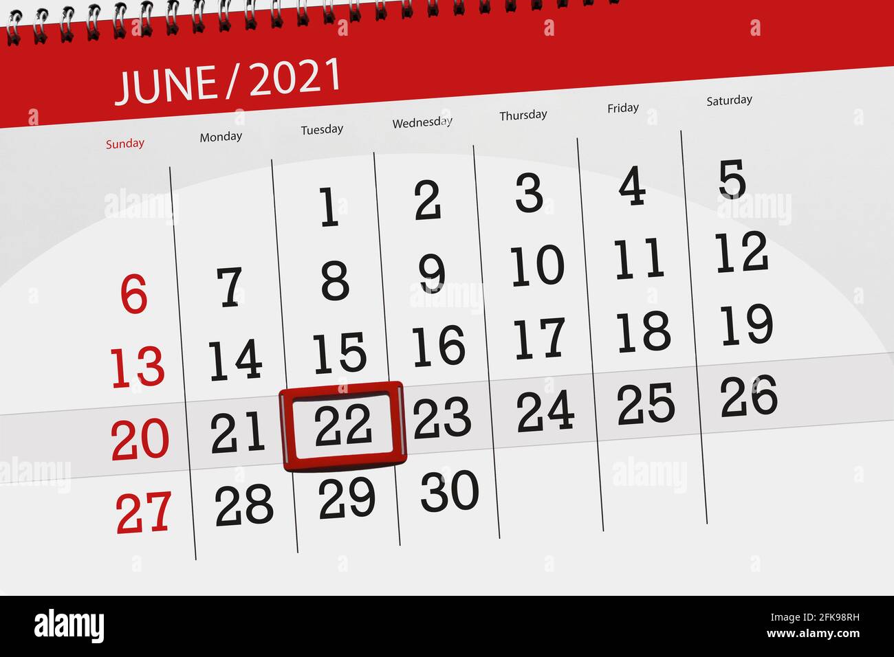 Calendar planner for the month june 2021, deadline day, 22, tuesday ...