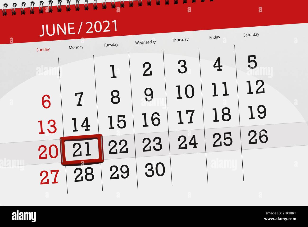Calendar planner for the month june 2021, deadline day, 21, monday ...
