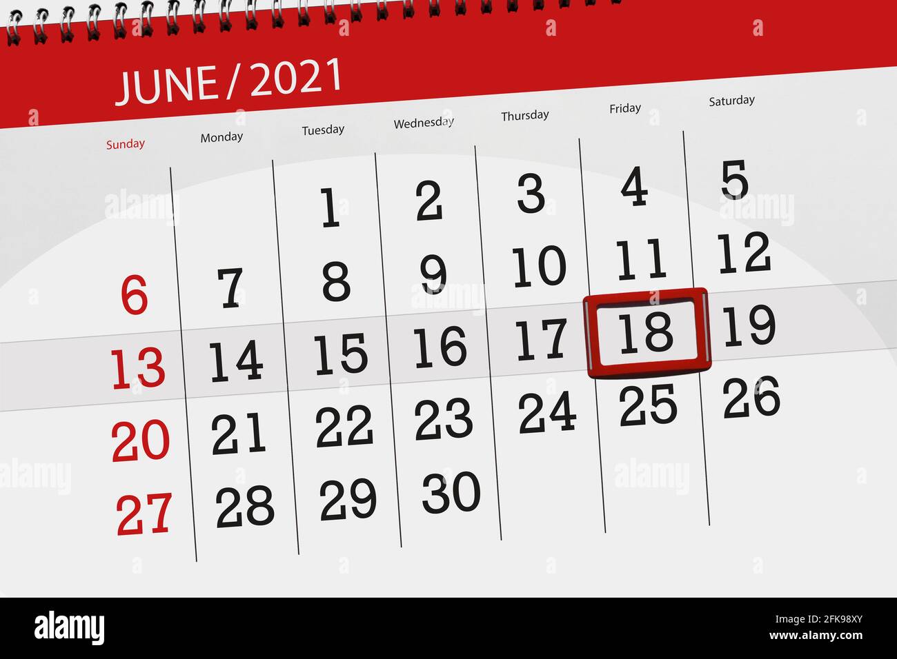 Calendar planner for the month june 2021, deadline day, 18, friday ...