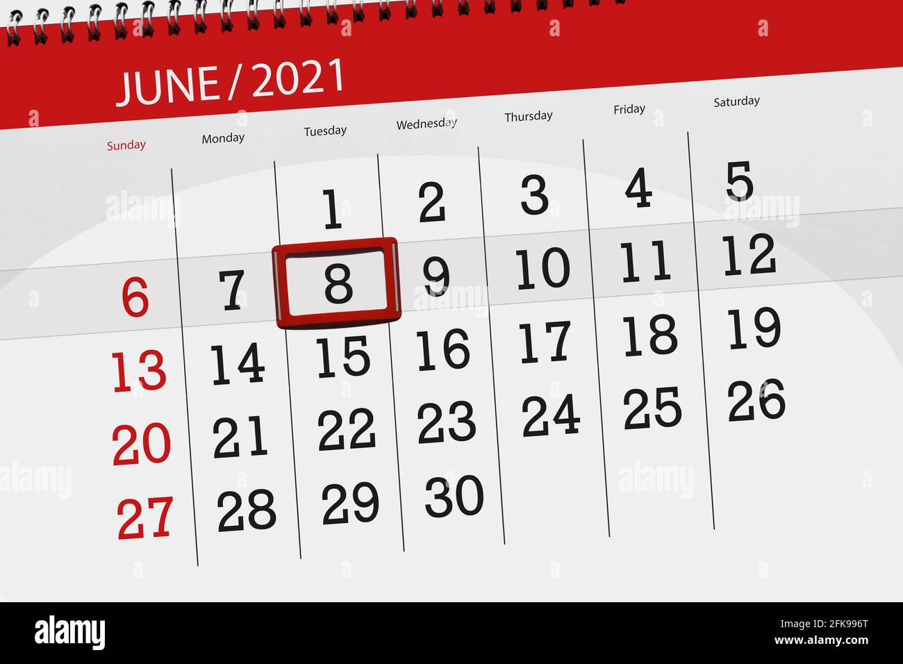 Calendar planner for the month june 2021, deadline day, 8, tuesday ...