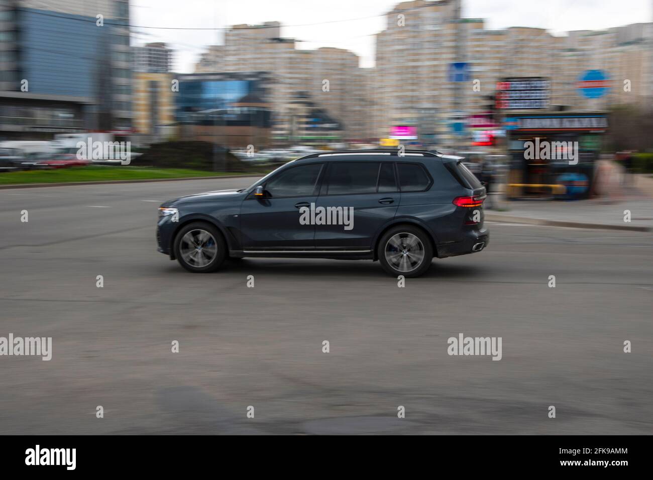 Ukraine, Kyiv - 20 April 2021: Gray BMW X7 car moving on the street ...