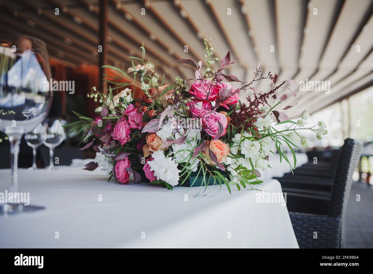 Beautiful bouquet of wedding flowers on the restaurant table Stock ...
