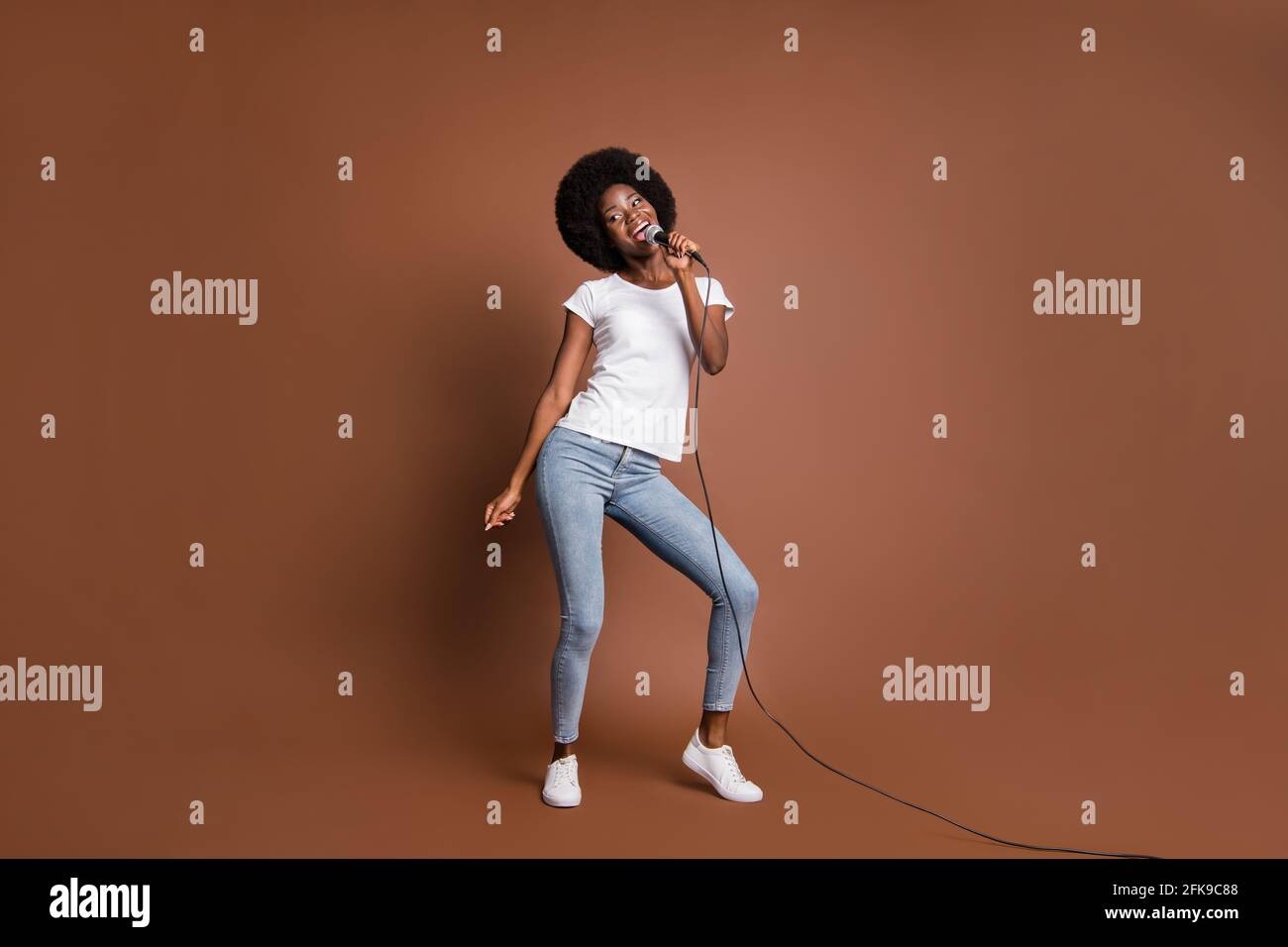 Full length body size photo of girl dancing at party curious singing in ...