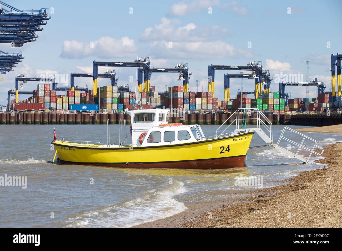 Harwich Harbour Foot Ferry on the beach at Felixstowe with Felixstowe ...