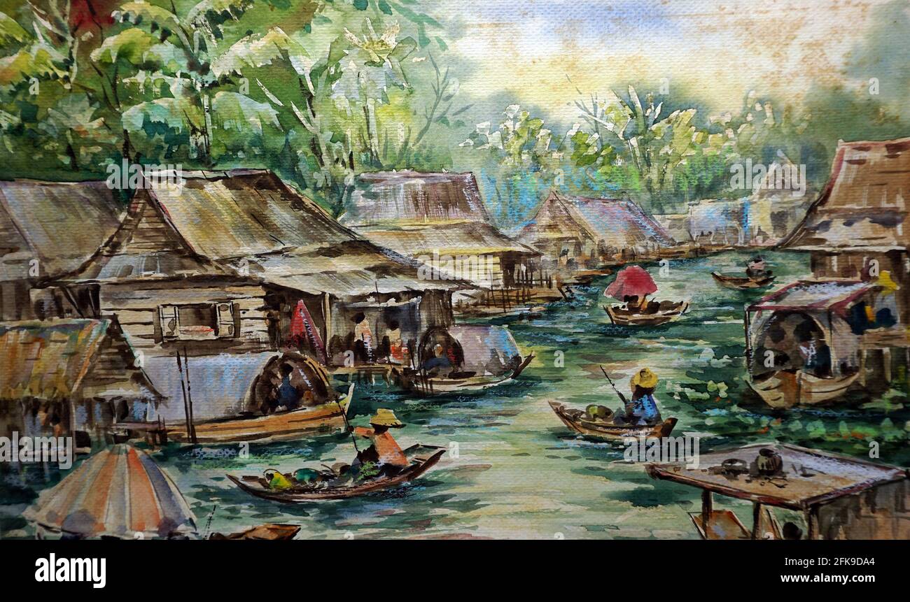 Art ,painting ,watercolor ,Floating market Stock Photo - Alamy