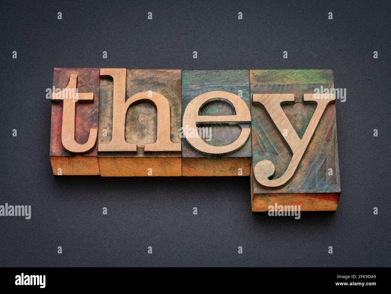 they - word abstract in vintage letterpress wood type against black ...