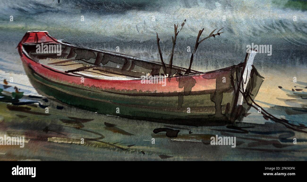 Watercolor painting art class , sea ,wave ,boat Stock Photo - Alamy