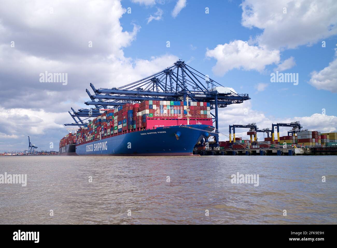 Container ship Cosco Shipping Pisces docked at the Port of Felixstowe ...