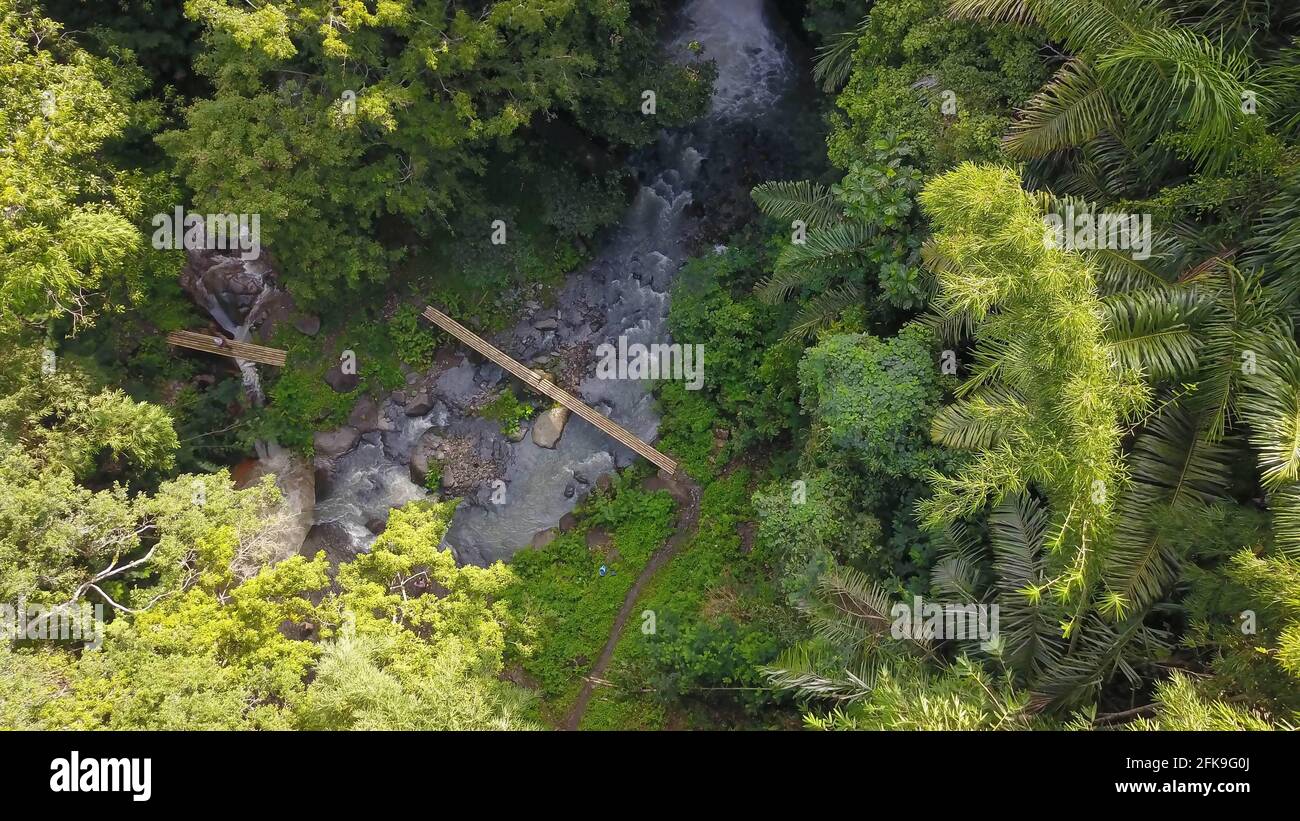 Aerial view to bamboo footbridge over the river. Bamboo bridge over the ...