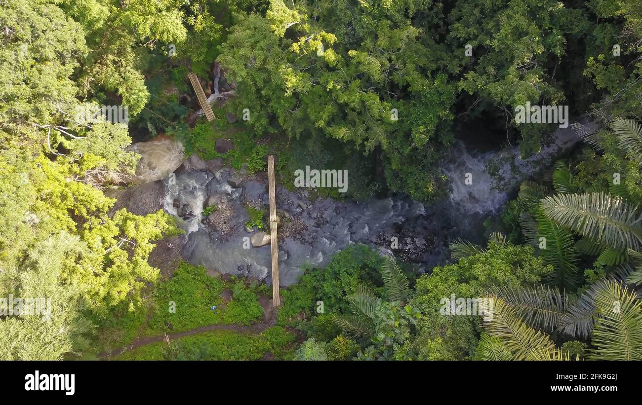Aerial view to bamboo footbridge over the river. Bamboo bridge over the ...