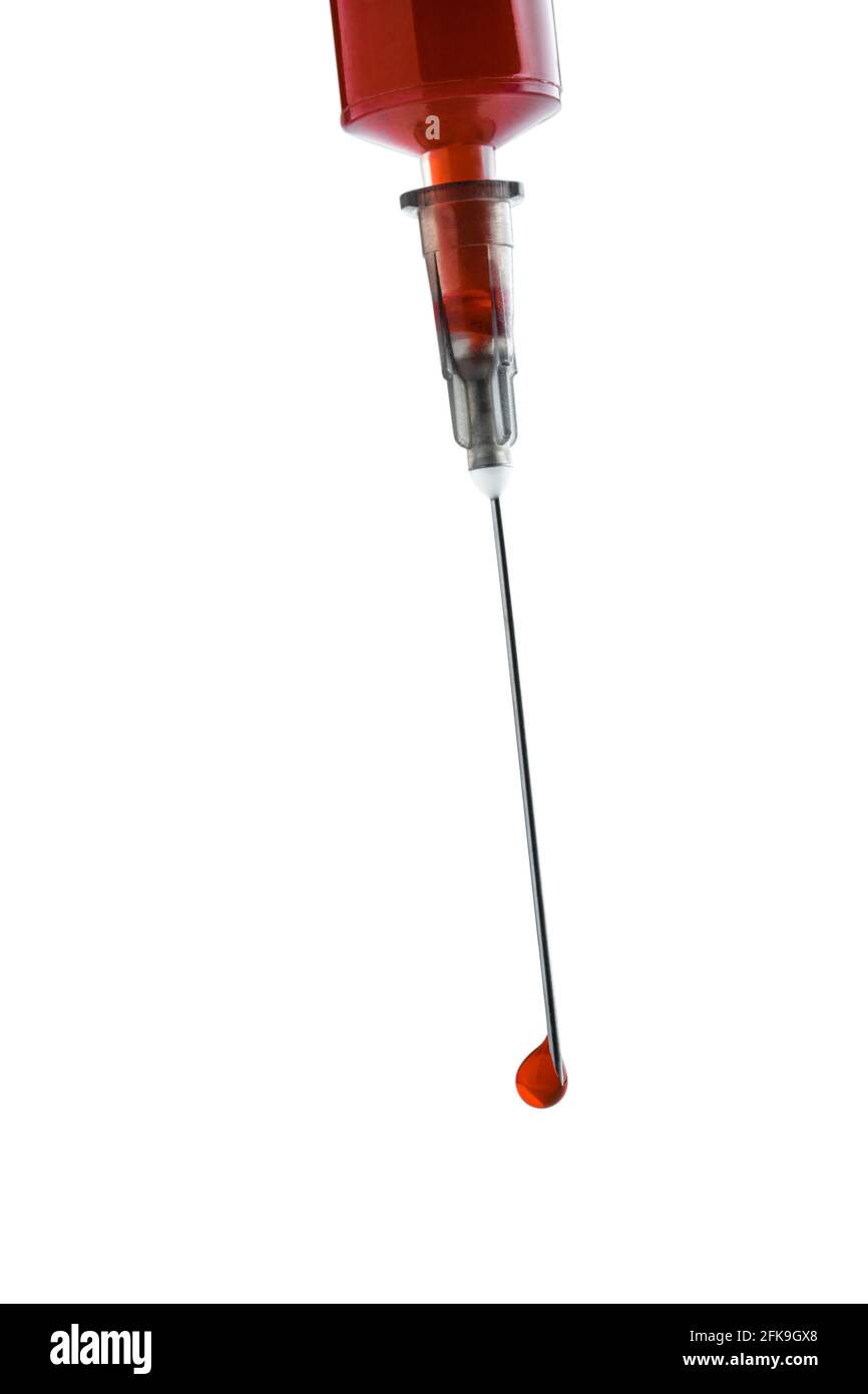 Syringe with red drop isolated on white background Stock Photo - Alamy