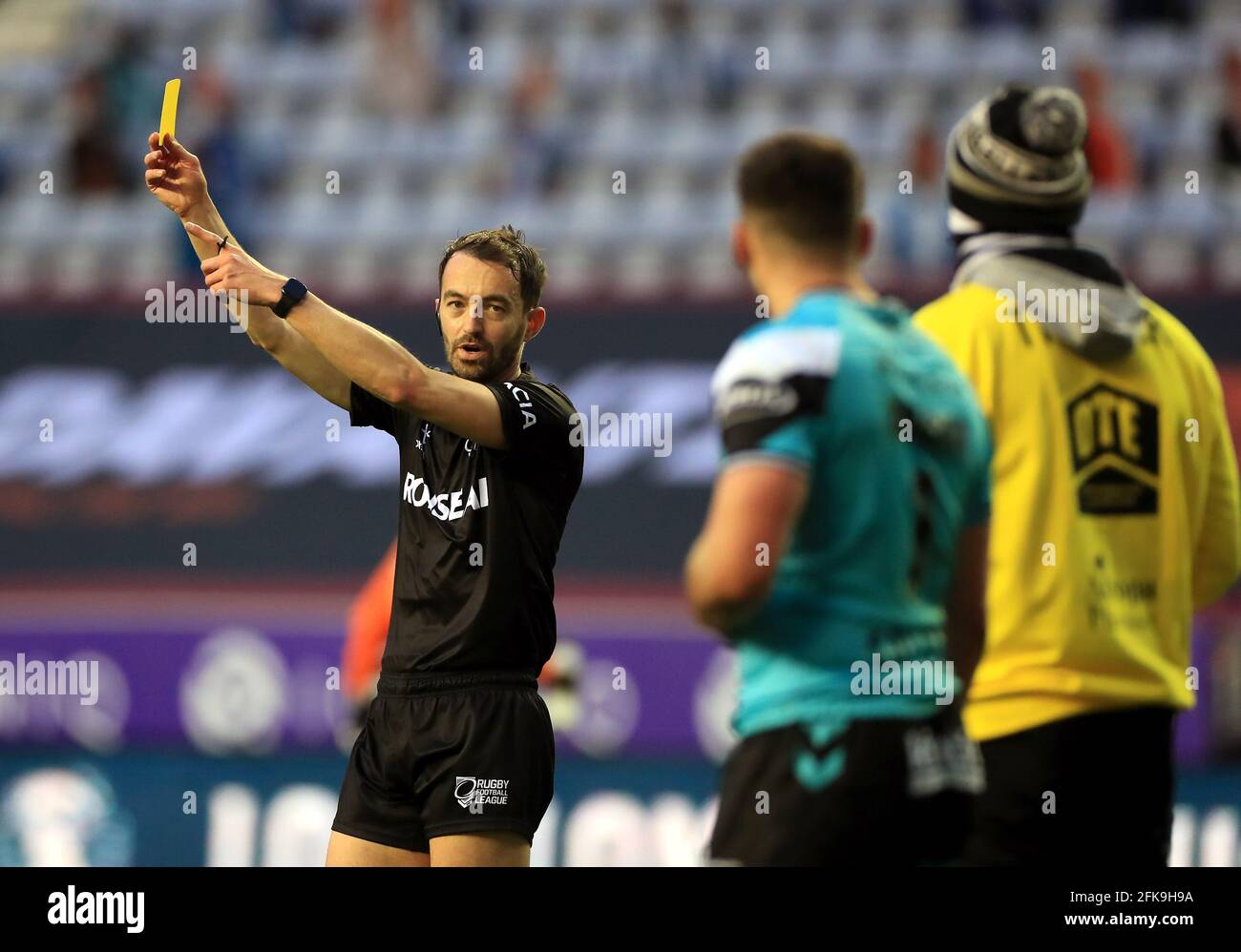 Referee James Child shows Hull FC’s Jake Connor a yellow card during ...