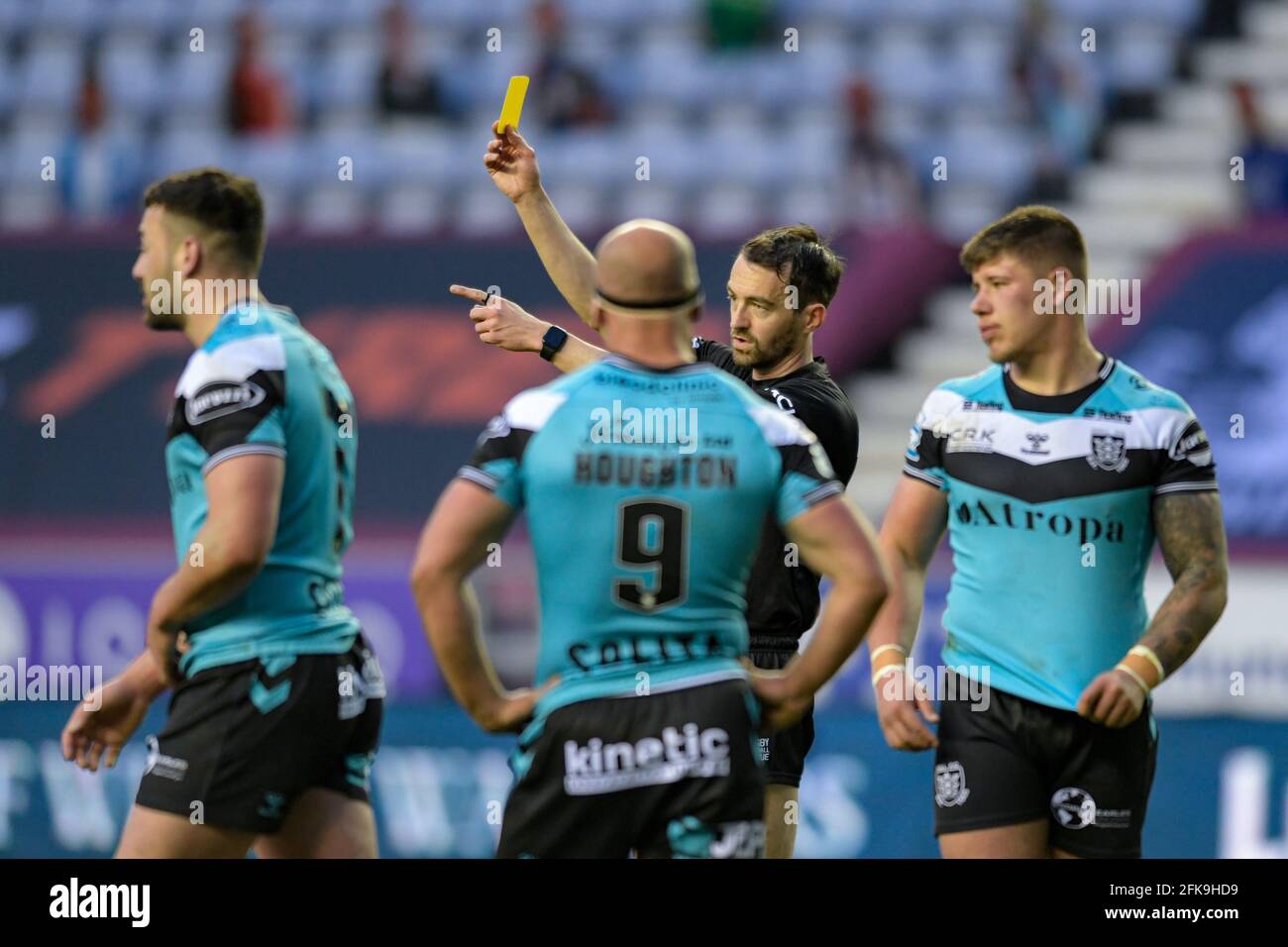 Referee James Child shows Jake Connor (1) of Hull FC a yellow card ...
