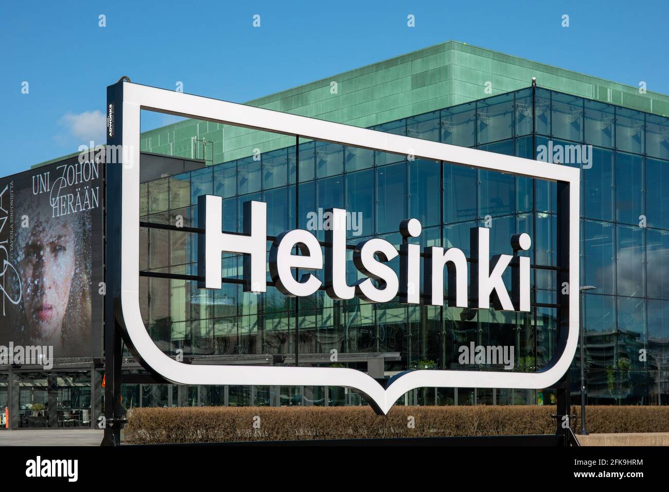Helsinki logo sign with Musiikkitalo in the background in Helsinki ...