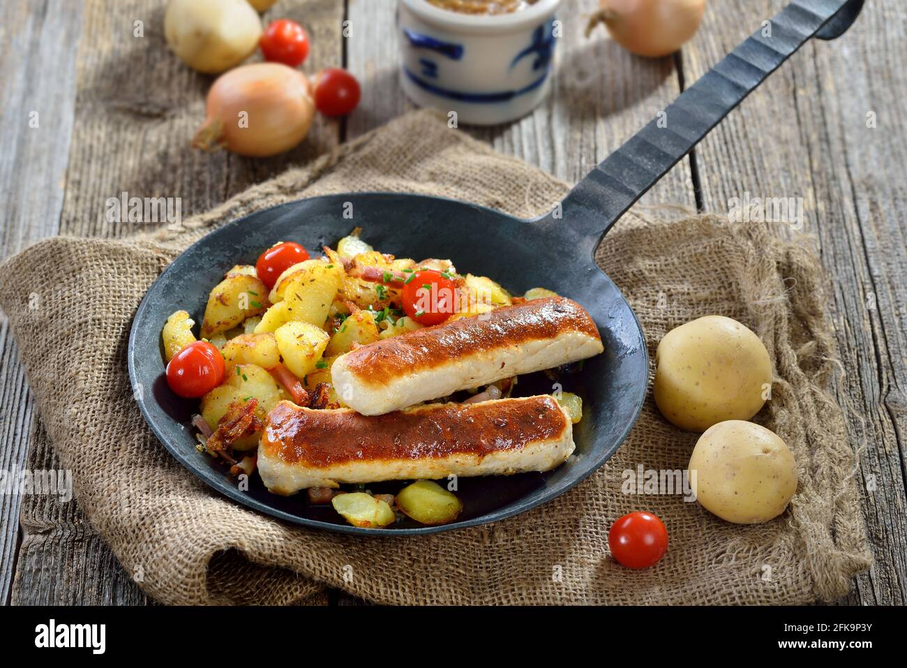 Fried Bavarian sausages, so-called Wollwurst, a specialty similar to ...