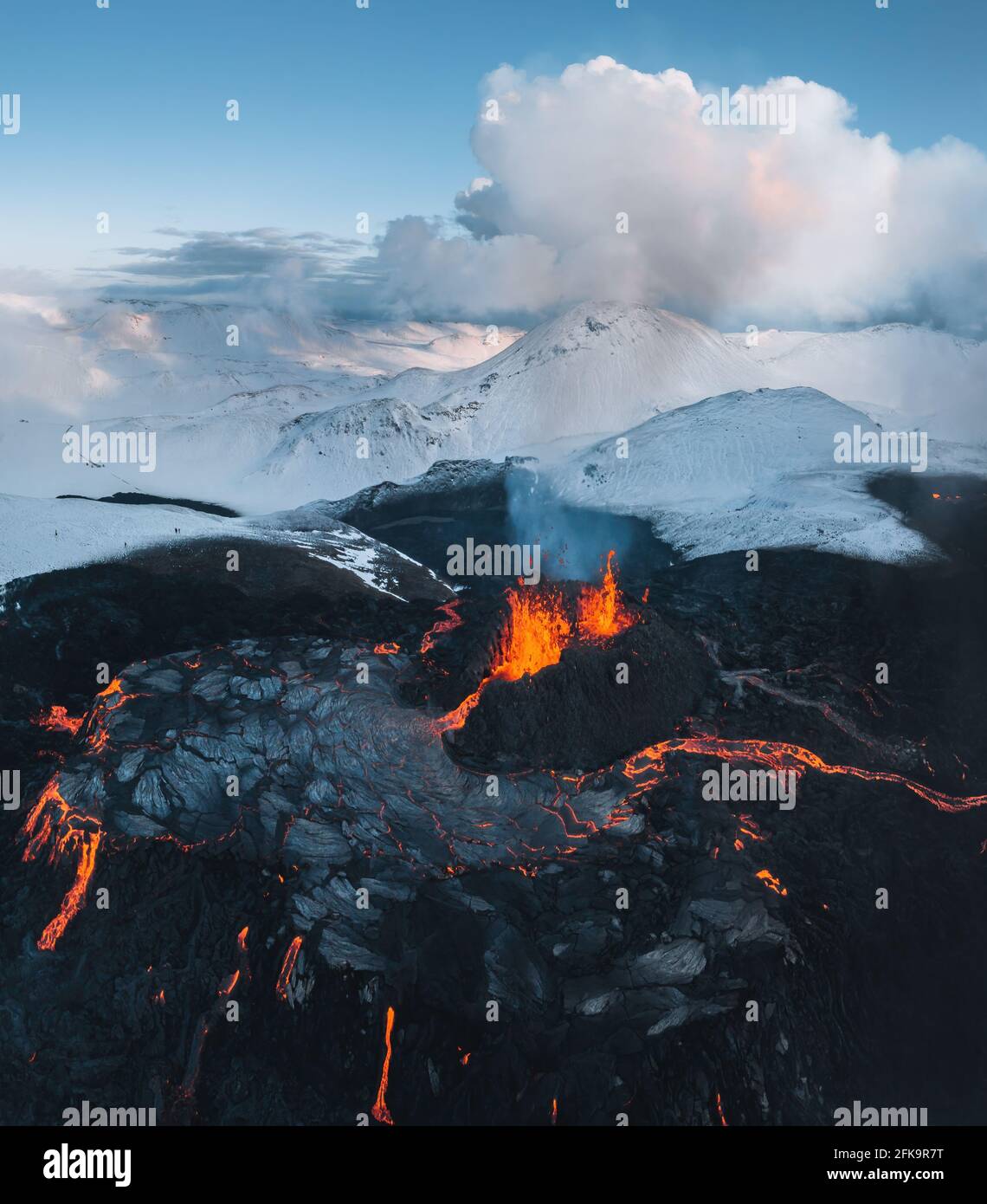 Aerial Panorama of active lava river flows from a volcanic eruption in ...