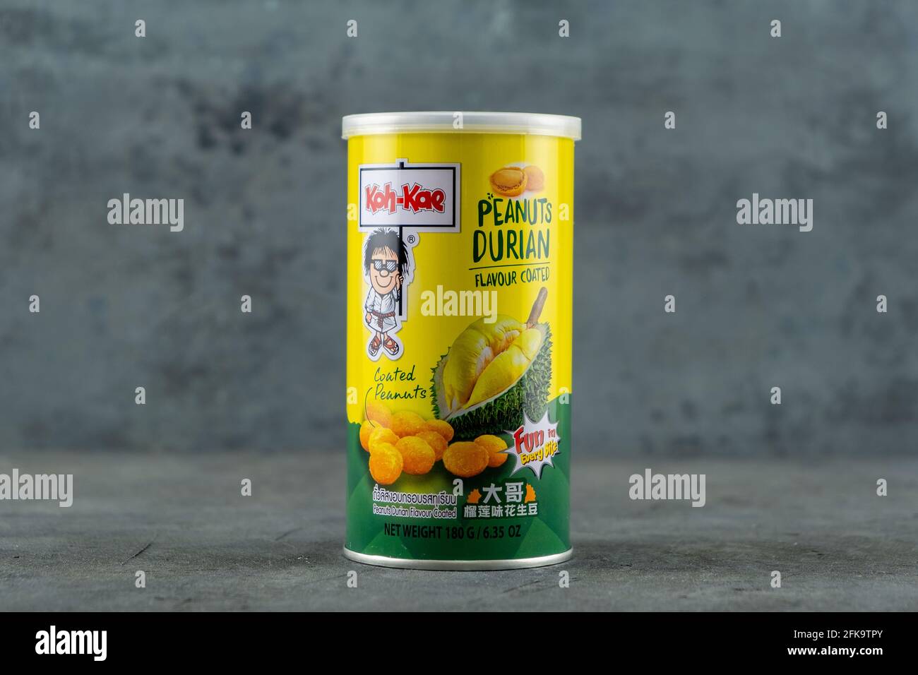 DOHA, QATAR - APRIL 28, 2020: A can of Koh-Kae Peanuts Durian Flavour ...