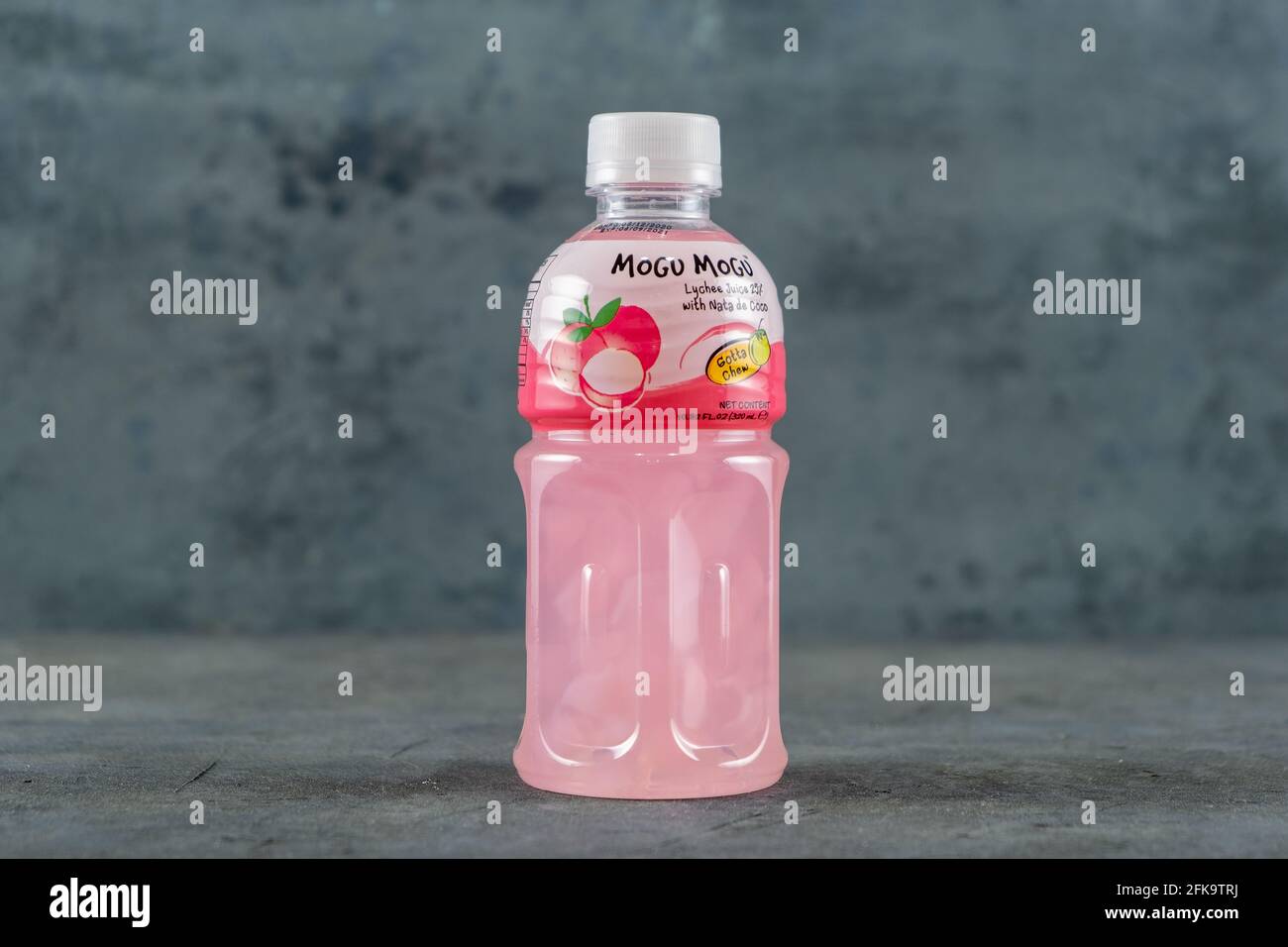 DOHA, QATAR - APRIL 28, 2020: A bottle of Mogu Mogu Lychee Juice with ...