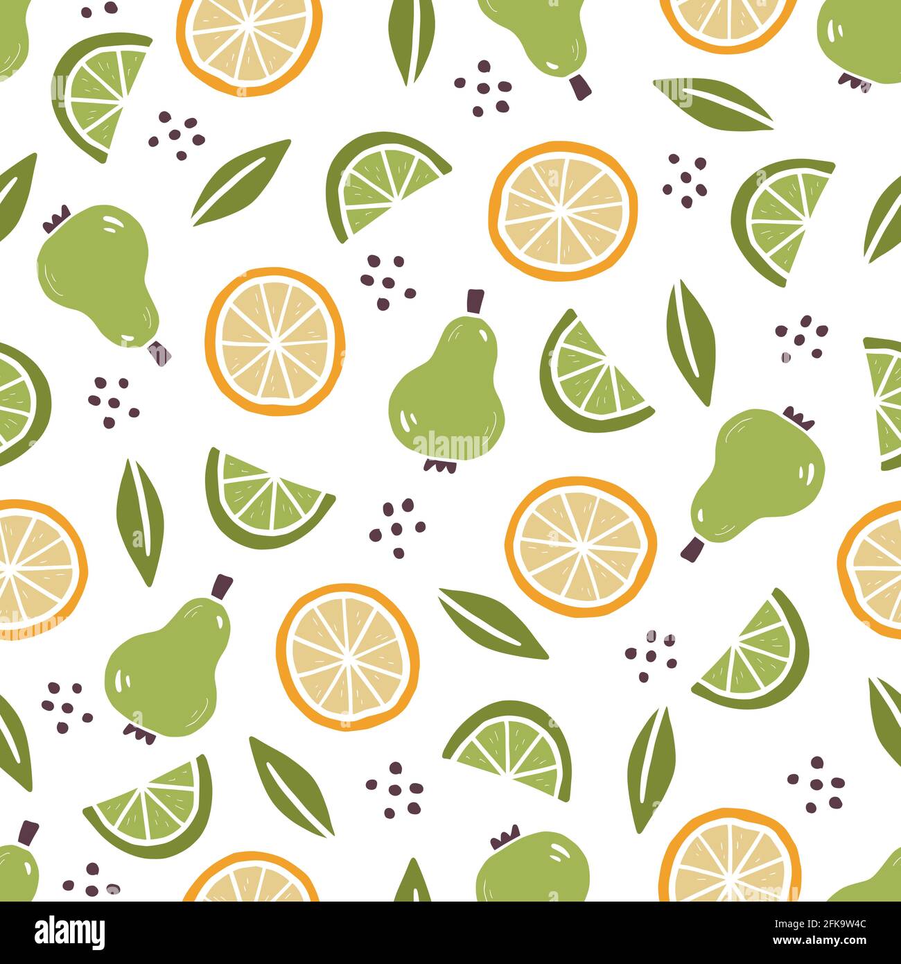 Hand drawn seamless pattern of simple pear, orange, lime. Doodle sketch style. Fruit pattern for ...