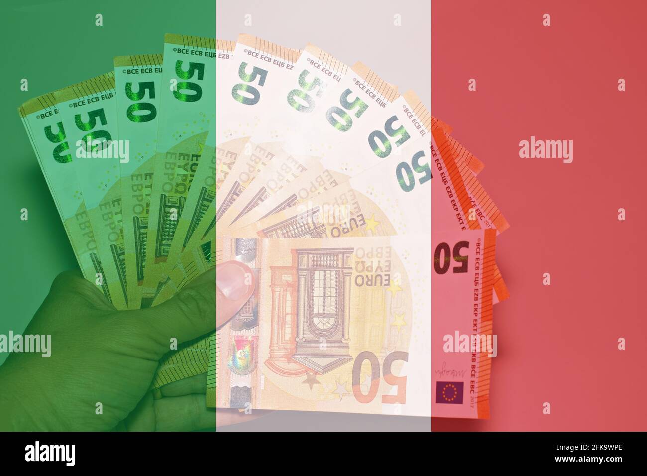 Italian flag with euro banknotes as background Stock Photo - Alamy