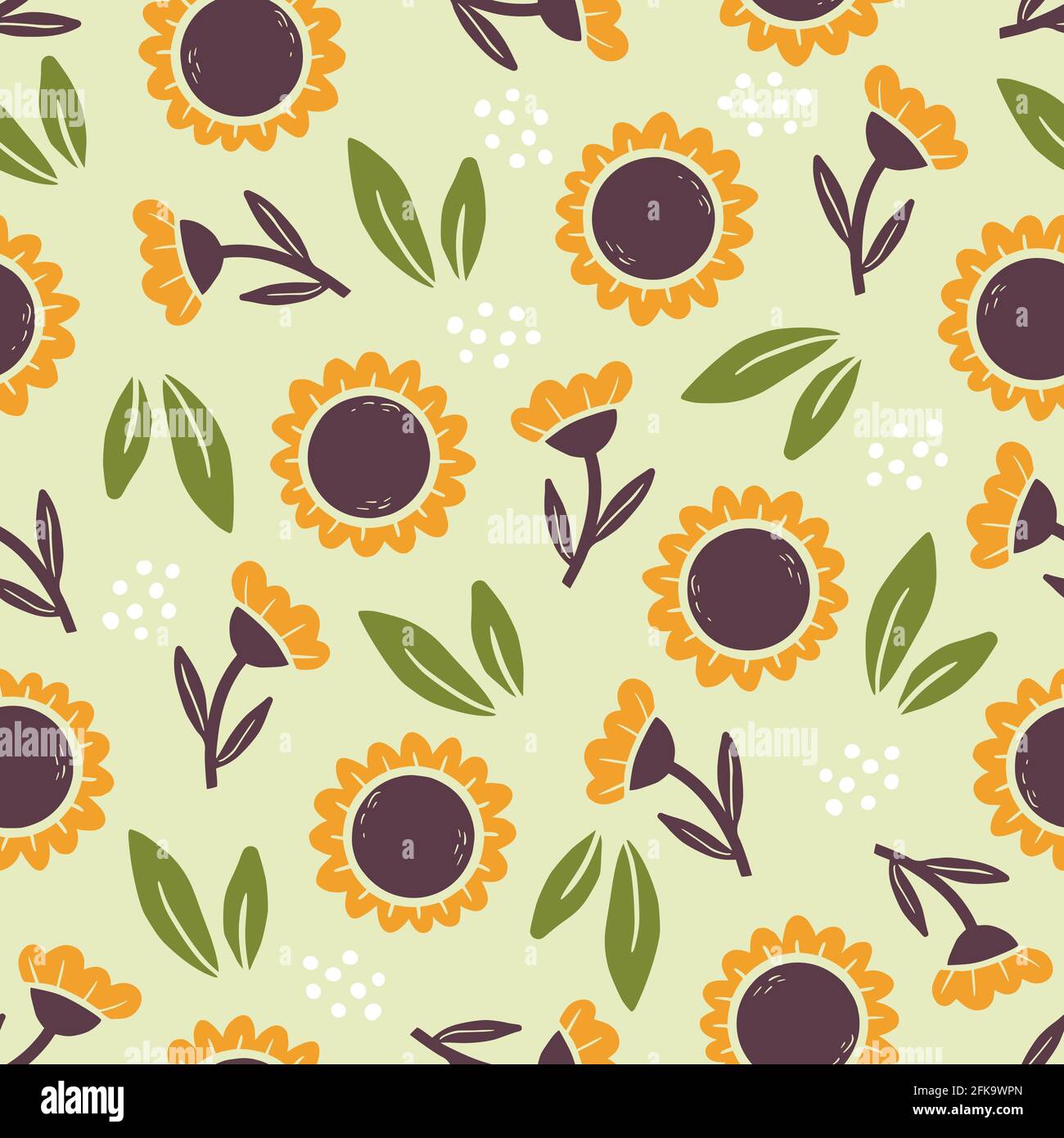 Hand drawn seamless pattern of simple sunflower. Doodle sketch style ...