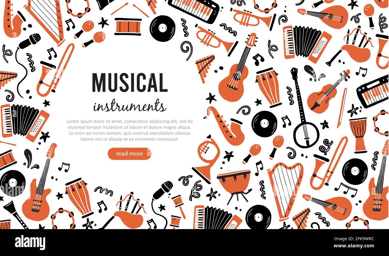Hand drawn banners template with musical instrument, guitar, saxophone ...