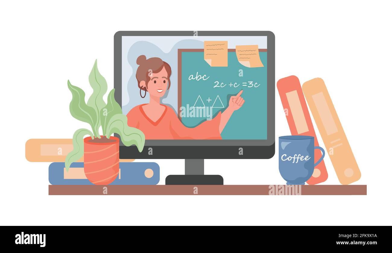 Online education vector flat cartoon illustration. Young pretty woman ...