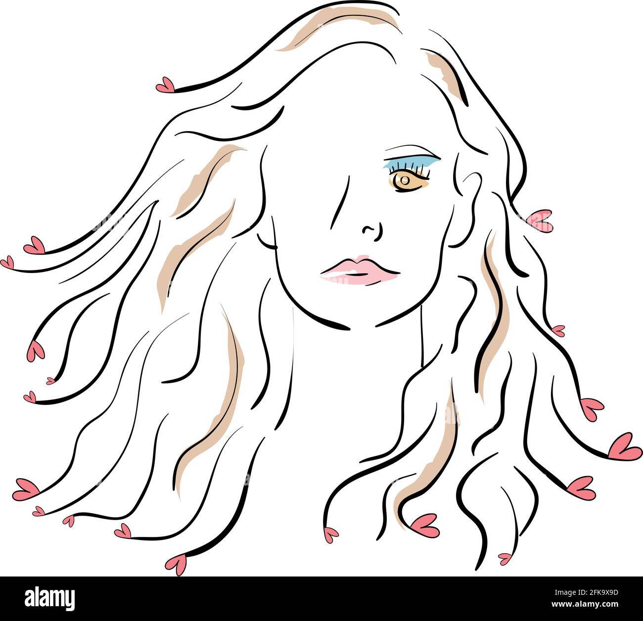 Chalk sketch of a woman with heart shapes on hair Stock Vector Image ...