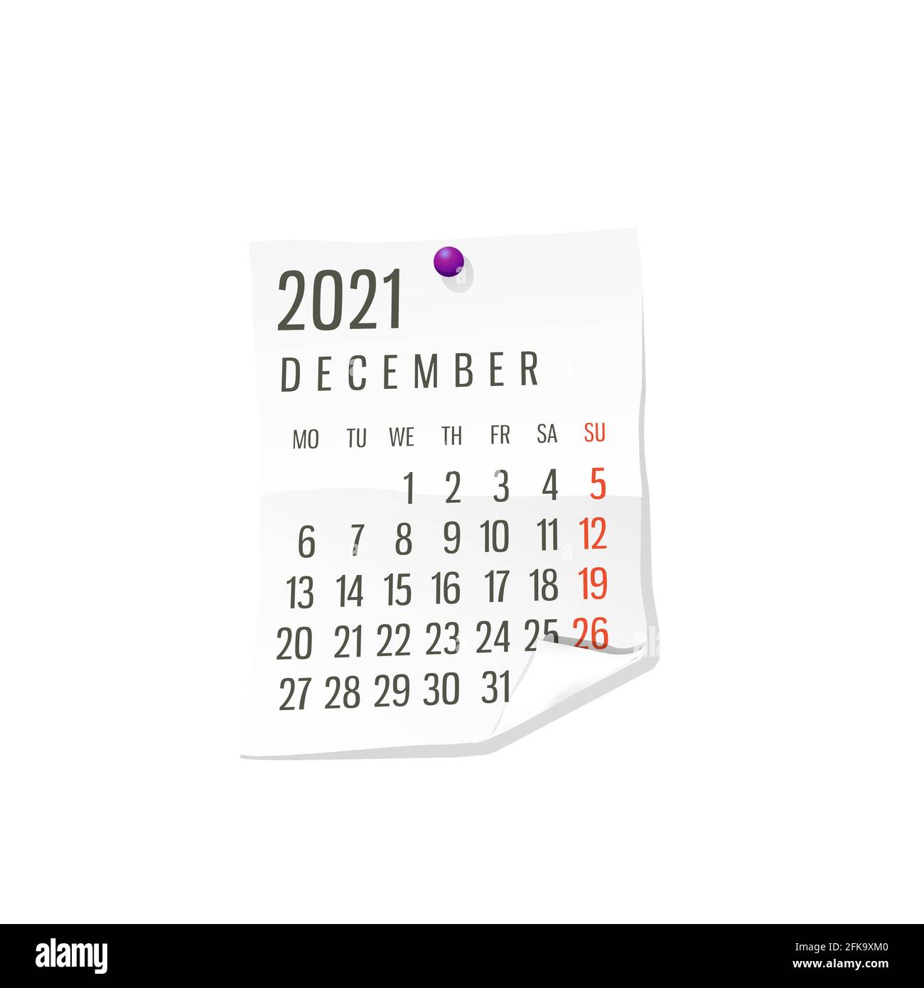 2021 Calendar on white paper, December. Editable vector over white ...