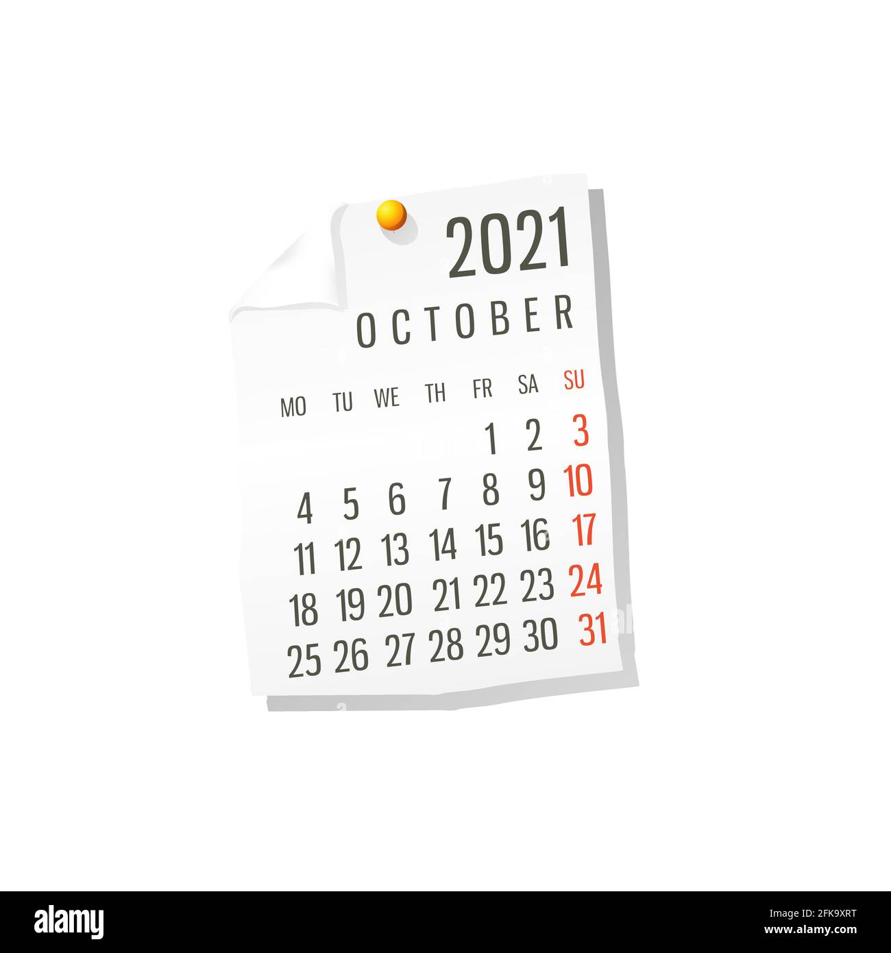 2021 Calendar on white paper, October. Editable vector over white ...