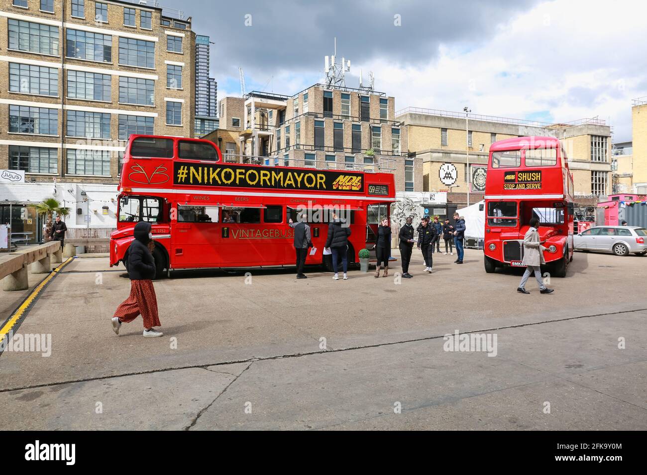 London, UK. 15 April 2021. Niko for mayor bus on Brick Lane. Niko ...