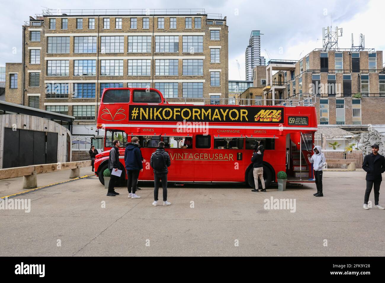 London, UK. 15 April 2021. Niko for mayor bus on Brick Lane. Niko ...
