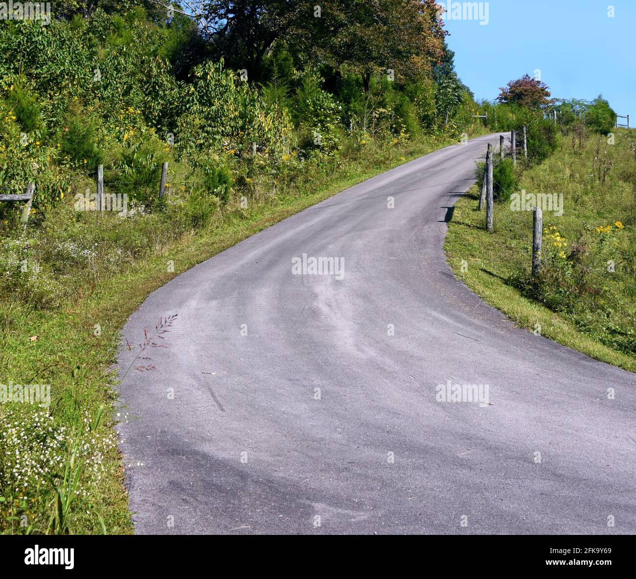 Country lane curves and tops a Tennessee hill. Rustic fence posts line ...