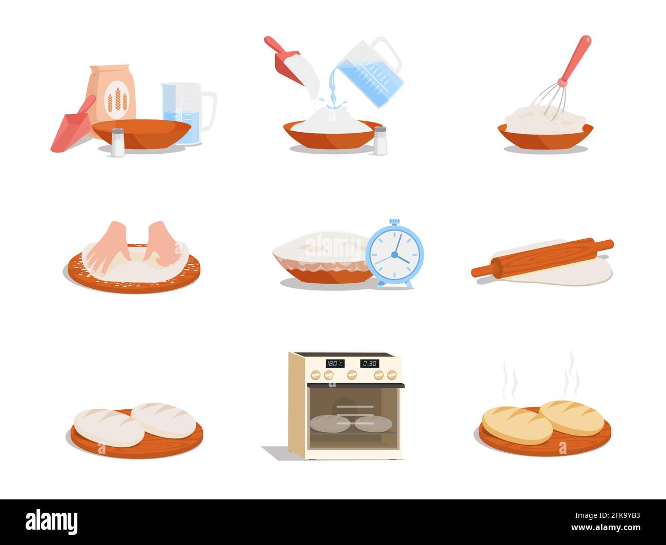 Preparation of tasty bread step by step vector flat illustration ...