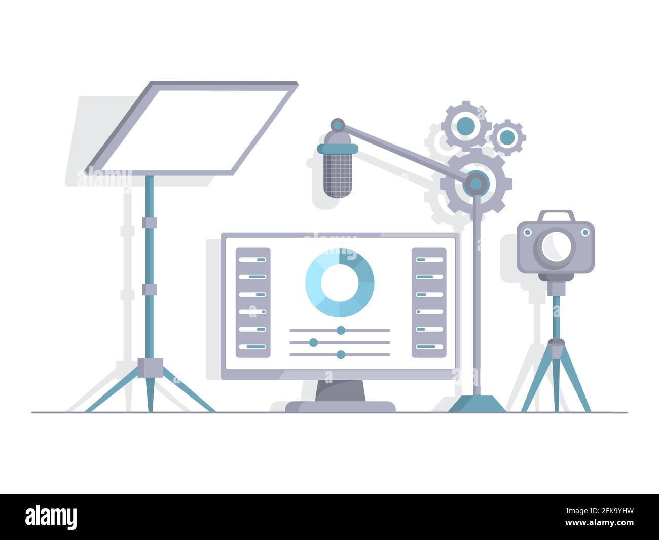 Recording studio vector flat illustration. Light screen, microphone ...